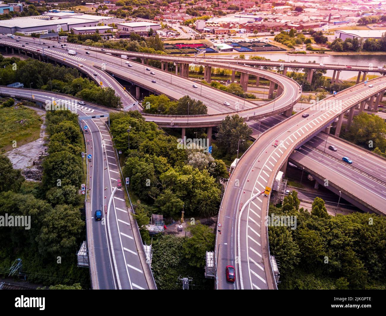 An aerial view of a complex motorway road junction with traffic Stock ...