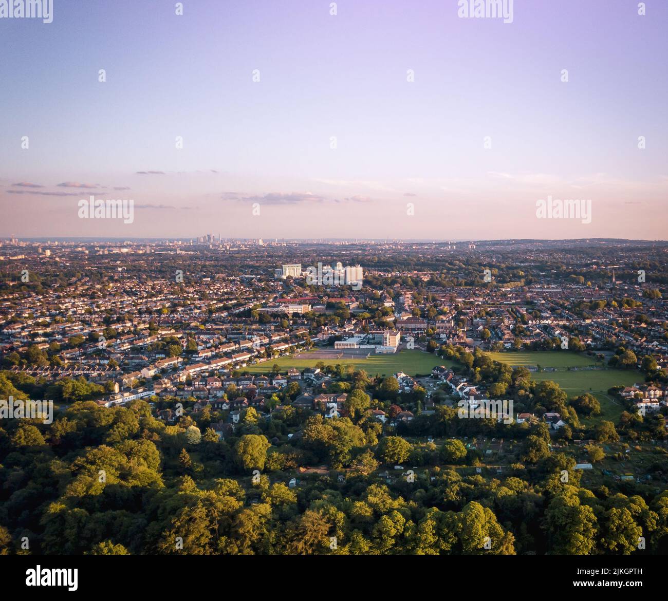 A beautiful aerial view of the town with traditional British houses ...