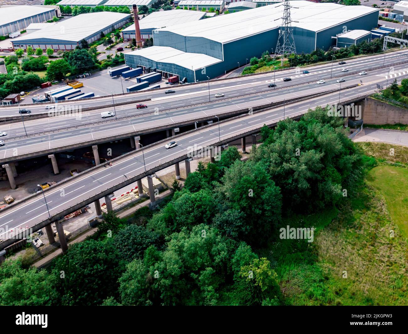 An aerial view of a complex motorway road junction with traffic Stock ...