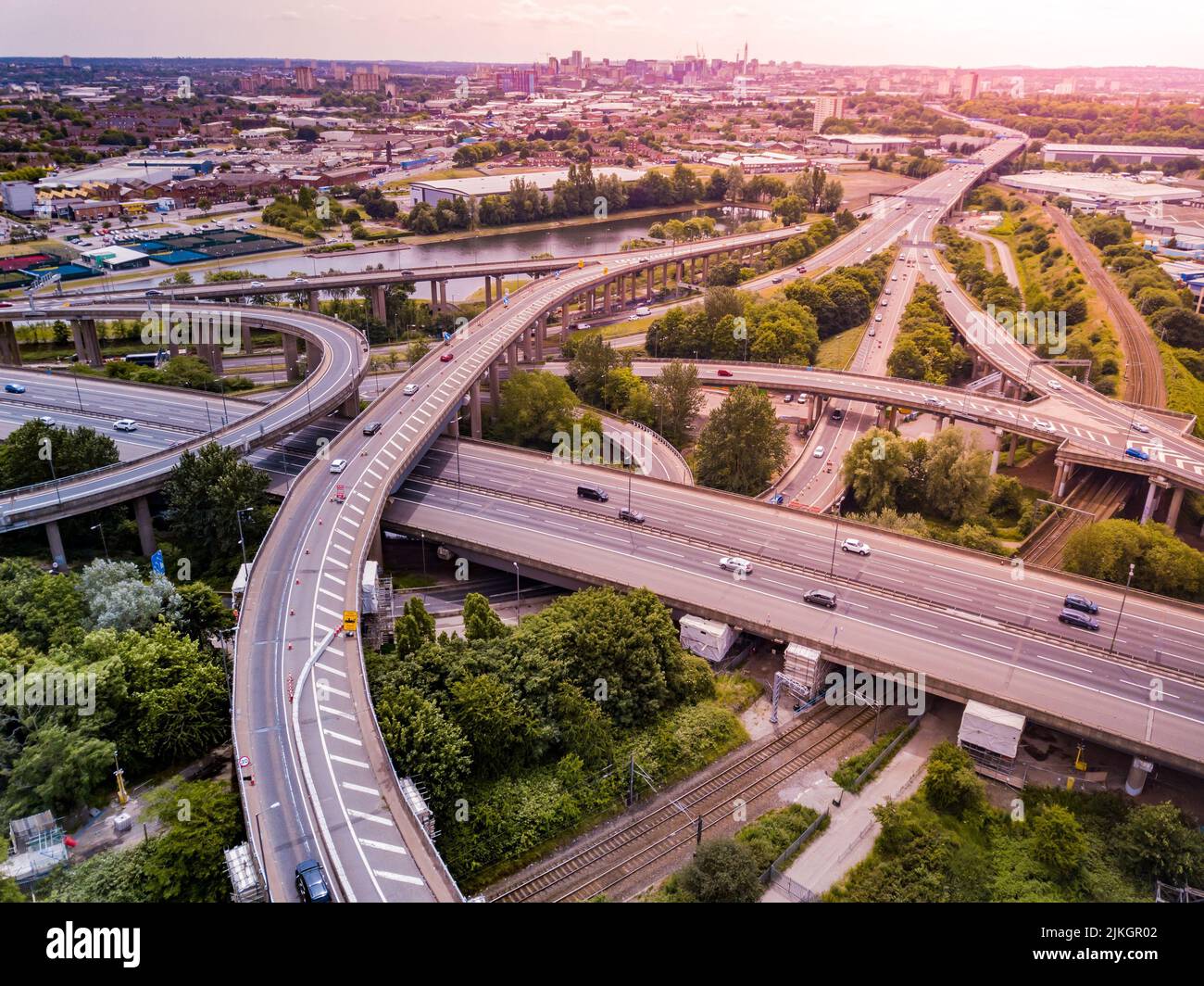 An aerial view of a complex motorway road junction with traffic Stock ...