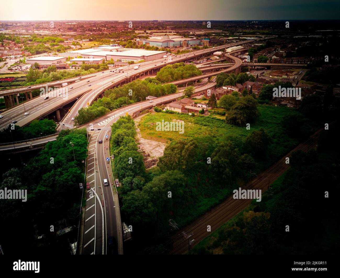An aerial view of a complex motorway road junction with traffic Stock ...