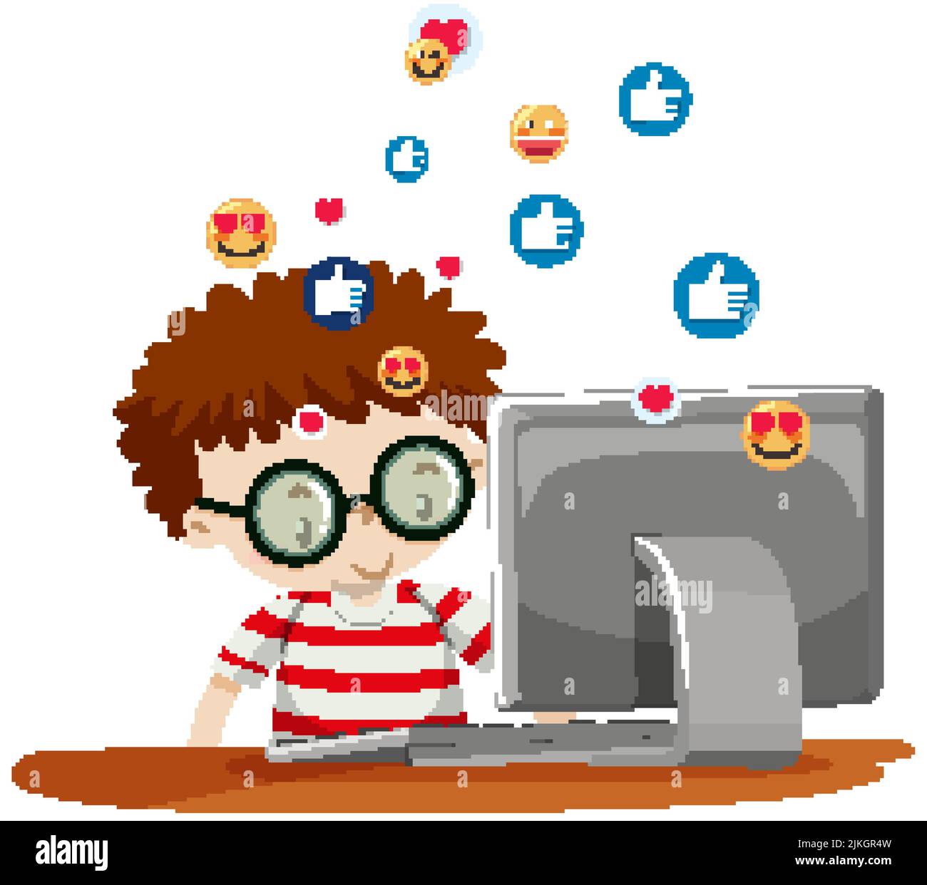 A nerdy boy using computer with social media icons illustration Stock ...