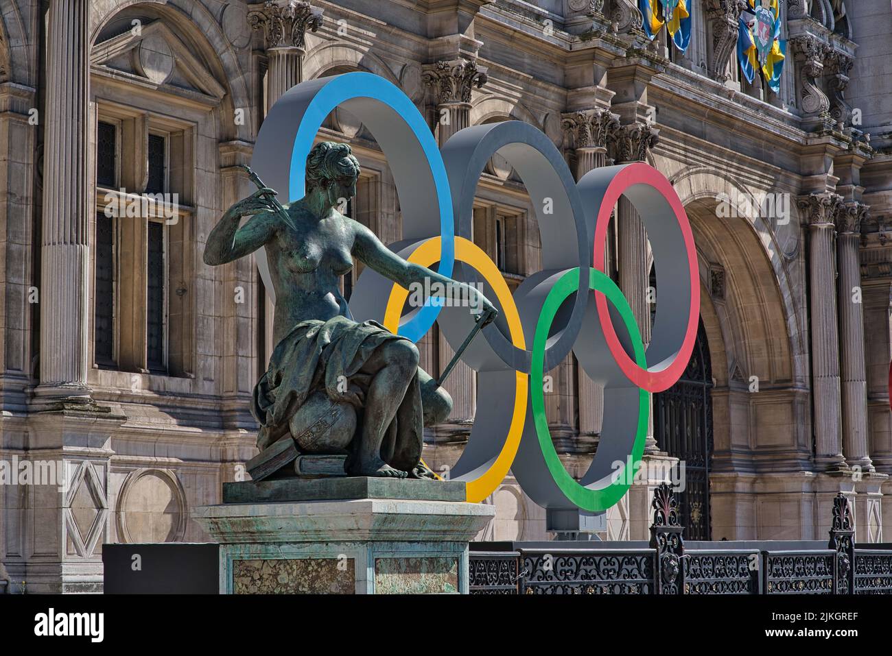 A female statue near the Olympic Rings in front of the Hotel de Ville ...
