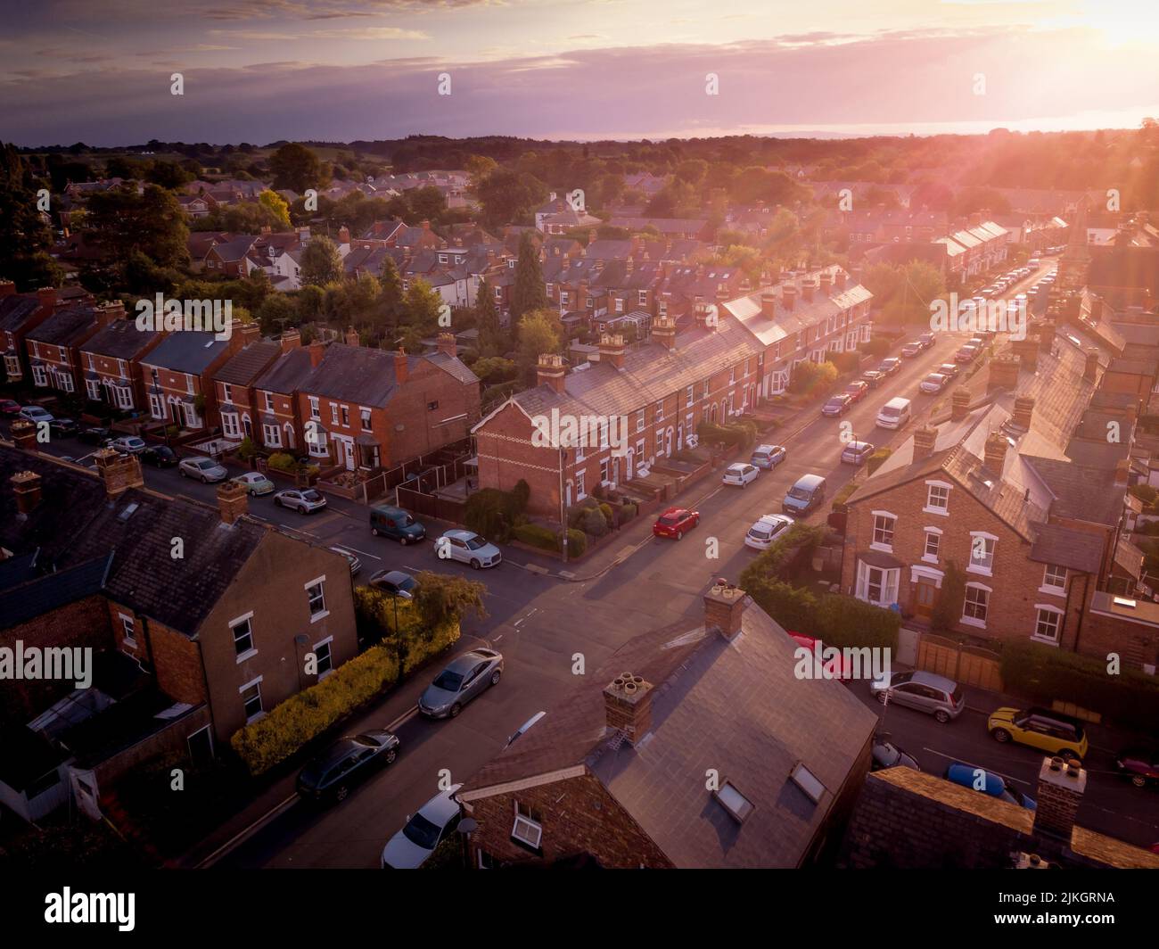 A beautiful aerial view of the town with traditional British houses at ...