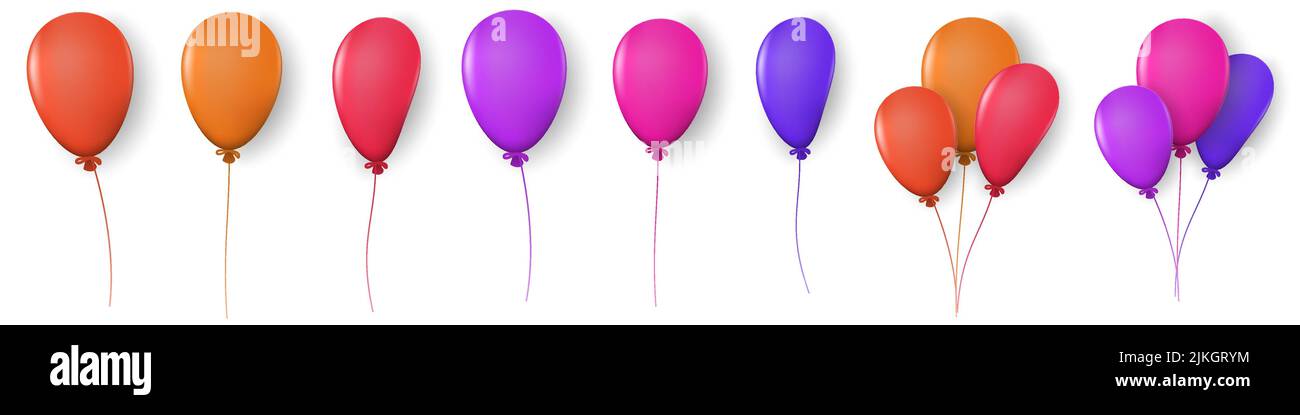 Set of colored balloons with highlights and shadows on rope isolated on ...