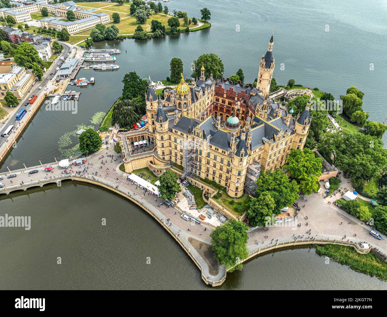 An aerial view of the famous historical Schwerin Castle in Germany ...