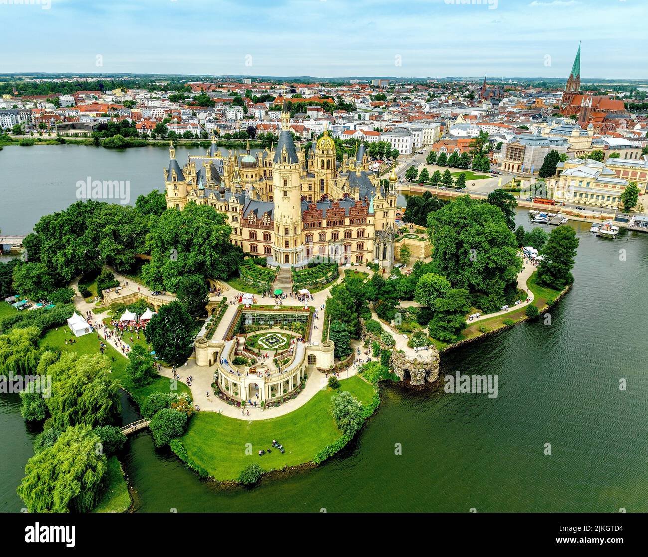 An aerial view of the famous historical Schwerin Castle in Germany ...