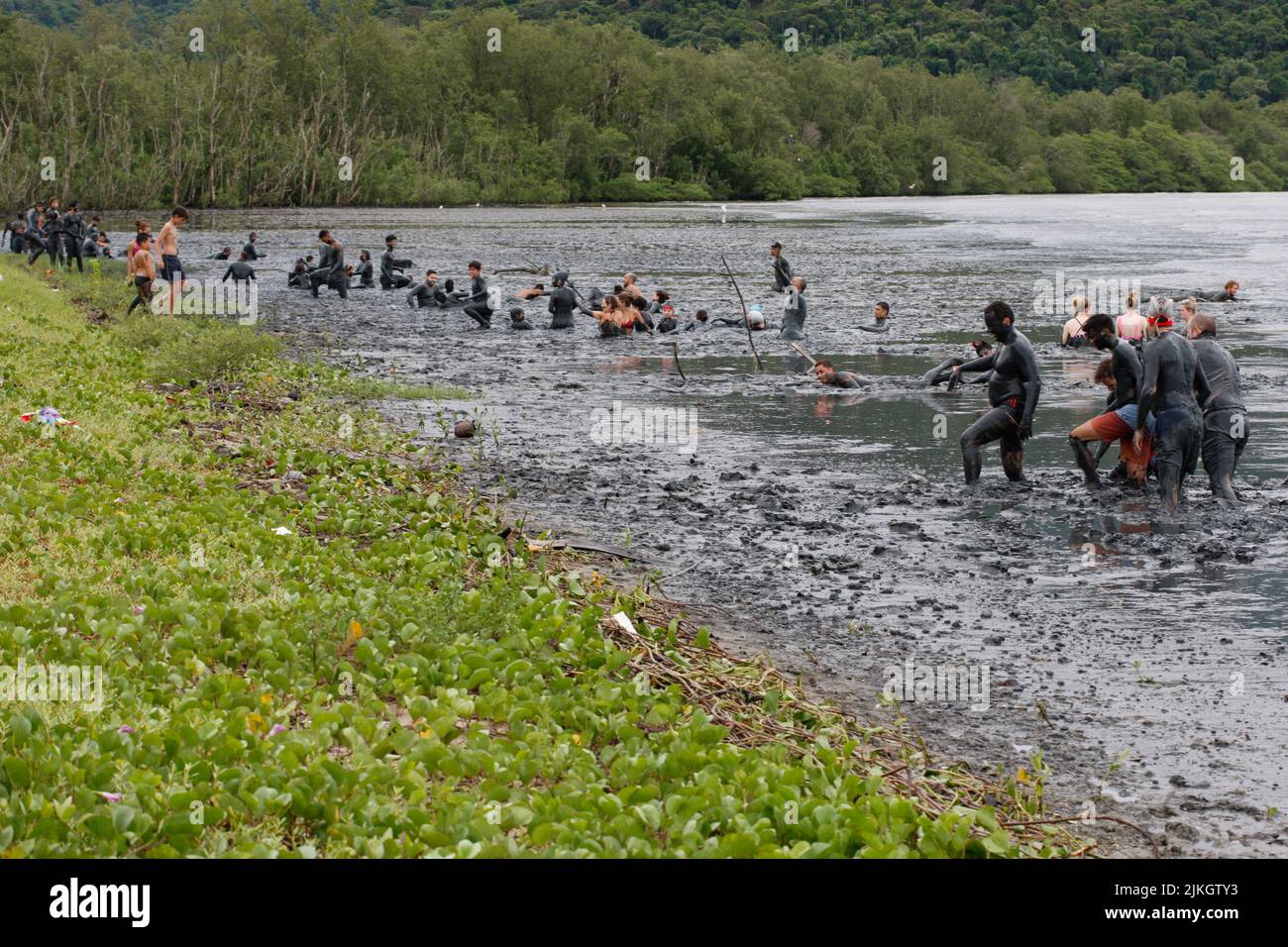 A group of people having fun at the yearly Mud Carnival Party in Brazil ...