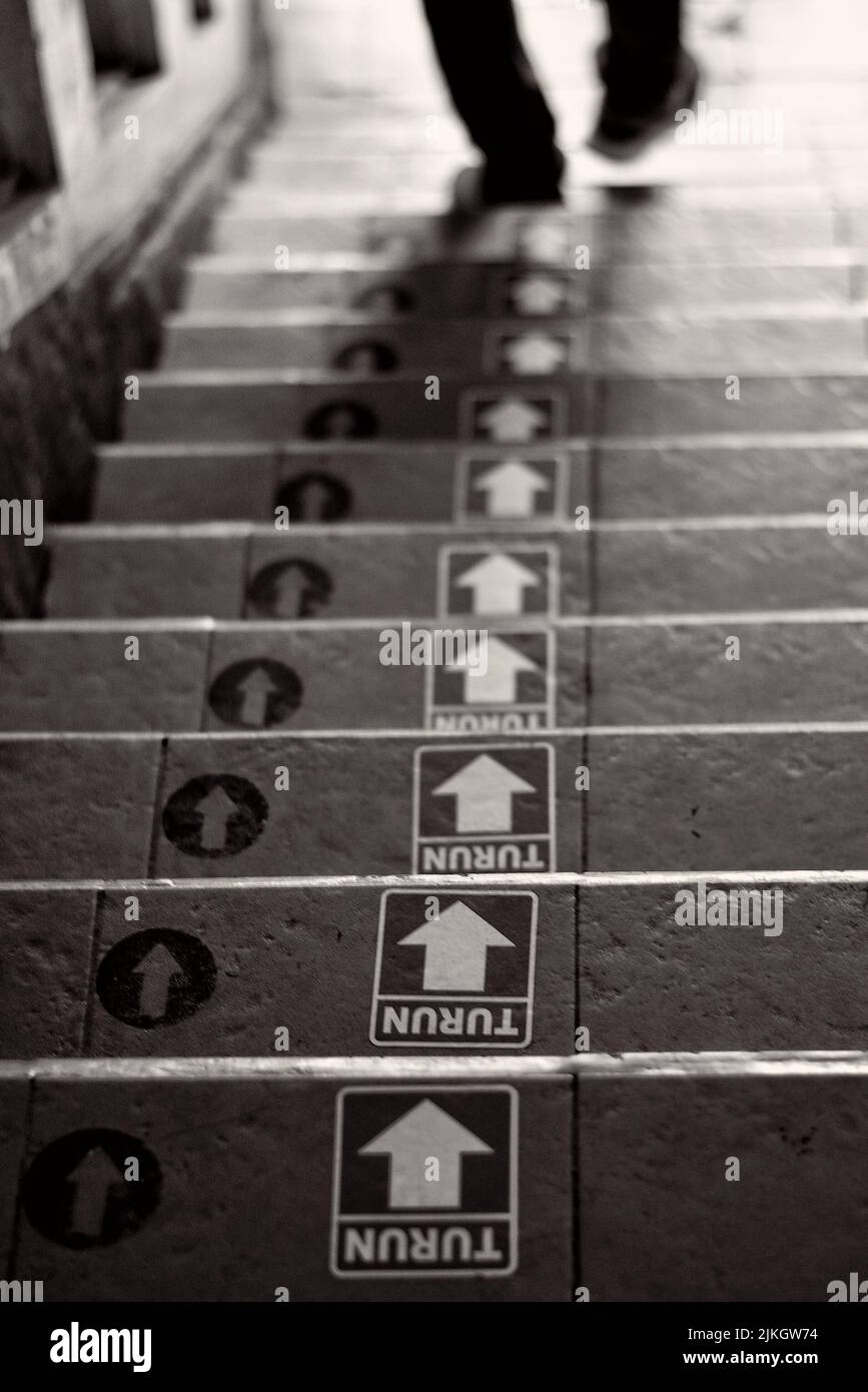 A top view of signs showing directions on stairs in Bandung, Indonesia ...