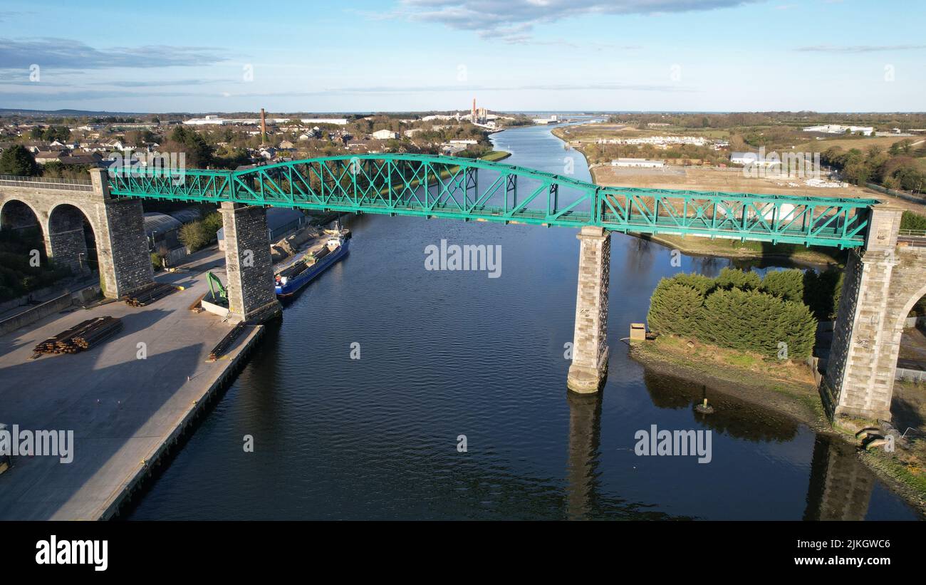 An aerial view of the Boyne Viaduct railway bridge over a river at ...