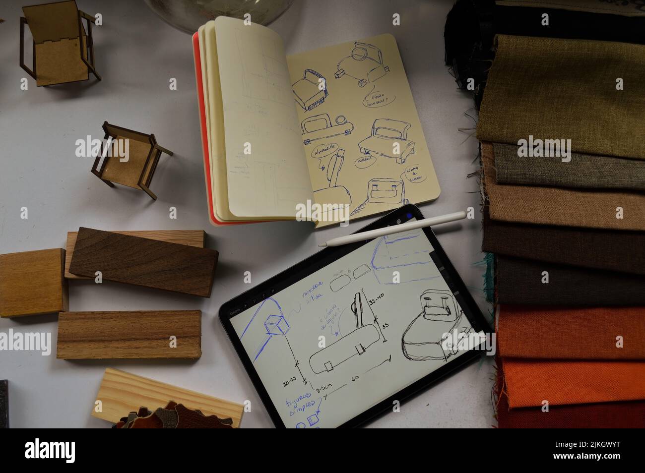 furniture design, digital drawing in tablet and analog in notebook ...