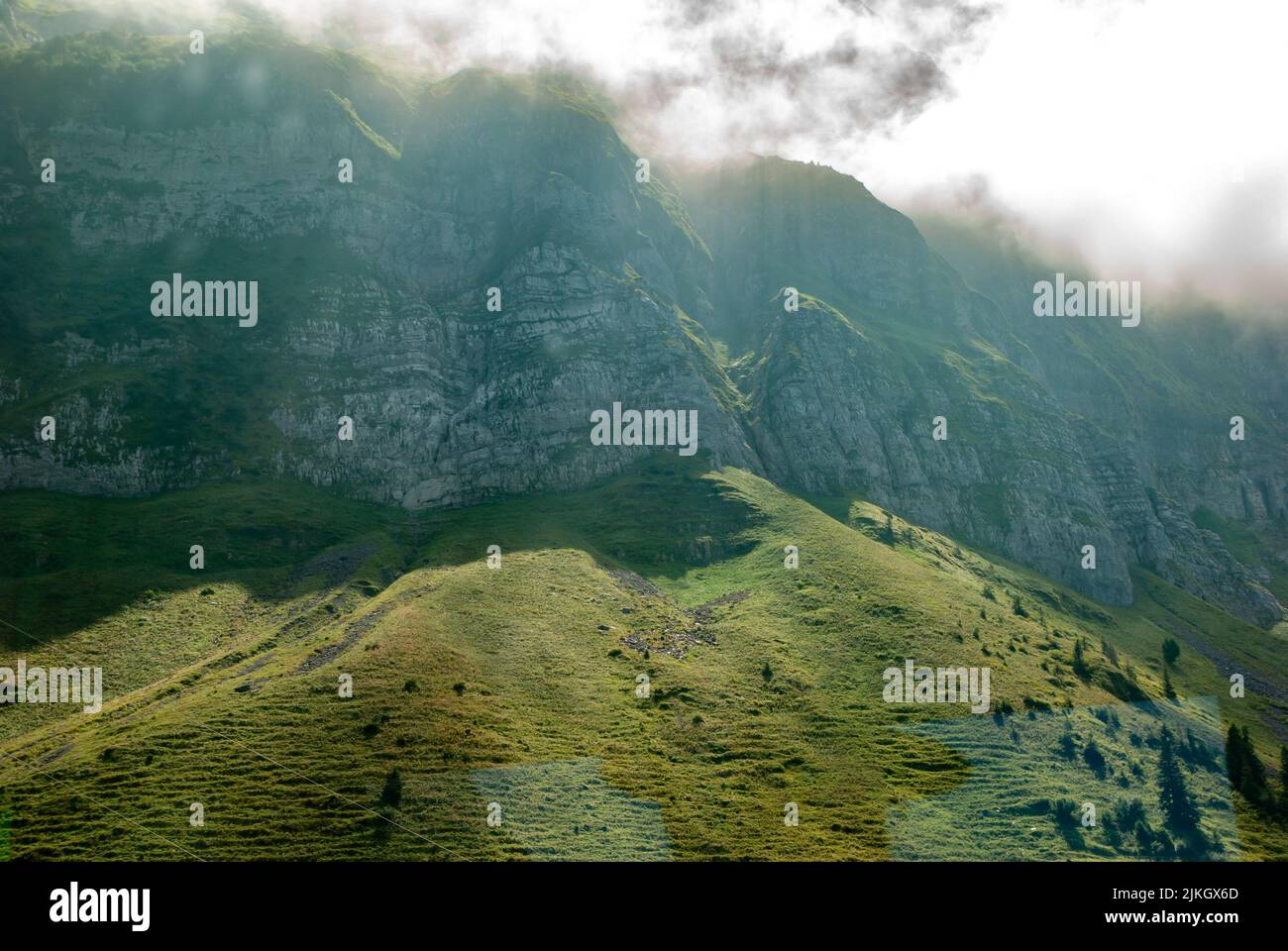 An aerial view from a cable car of Schwagalp pass of Santis mountain ...