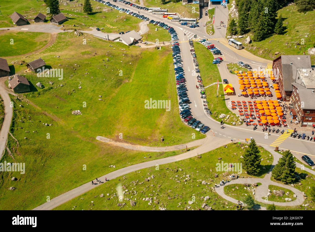 An aerial view from a cable car of Schwagalp pass of Santis mountain ...