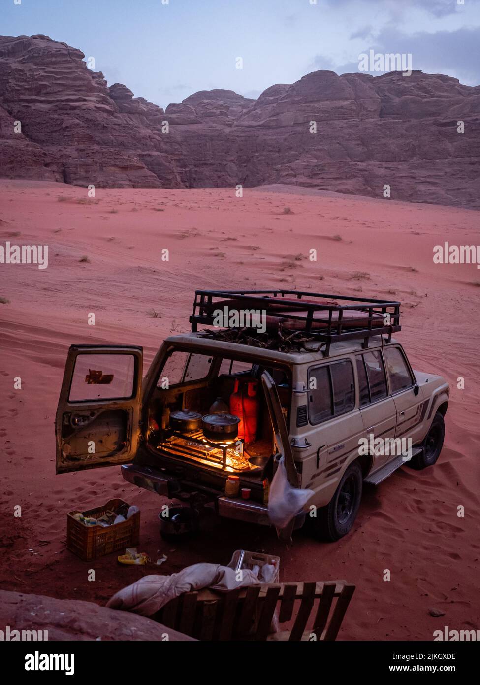 Bedouin kitchen at the back of a pickup in Wadi Rum desert, Jordan ...