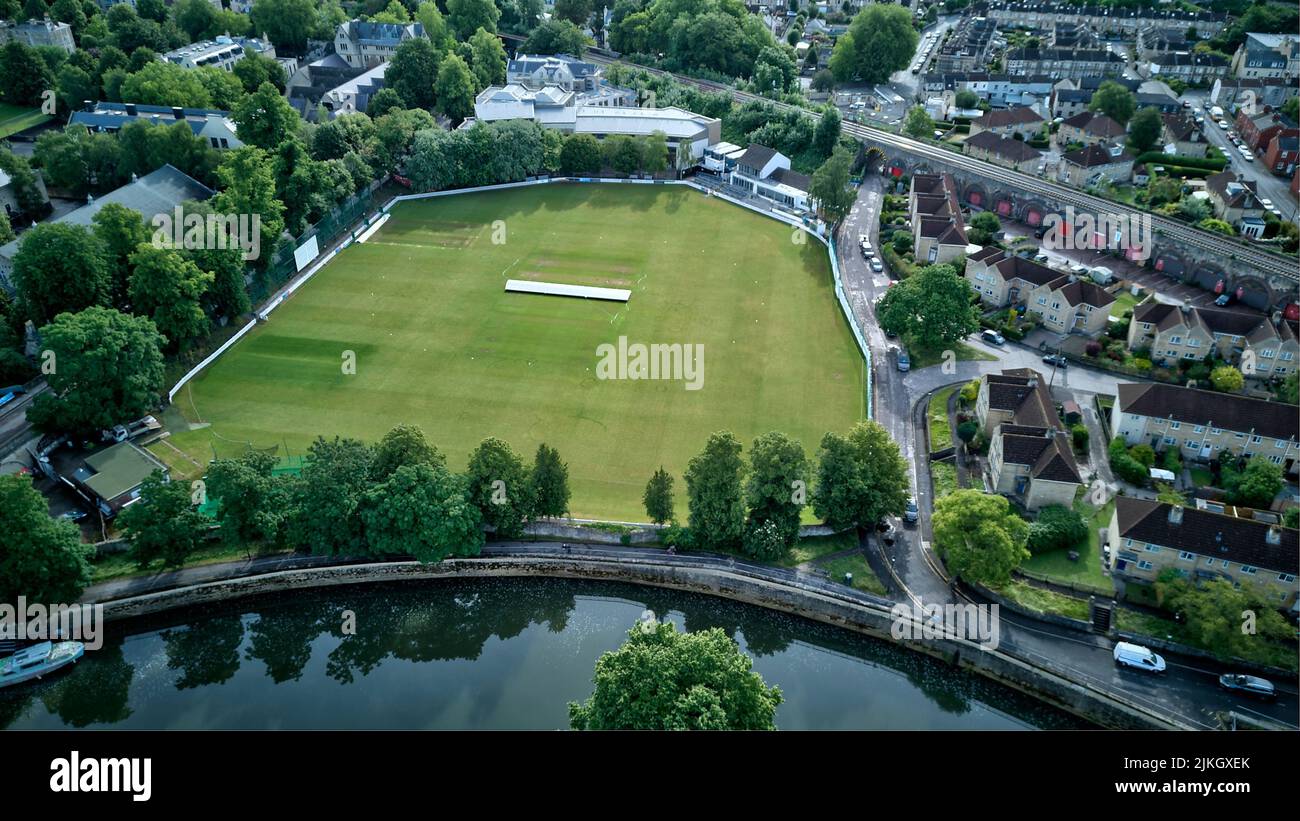 An aerial drone shot of a green football stadium Stock Photo - Alamy