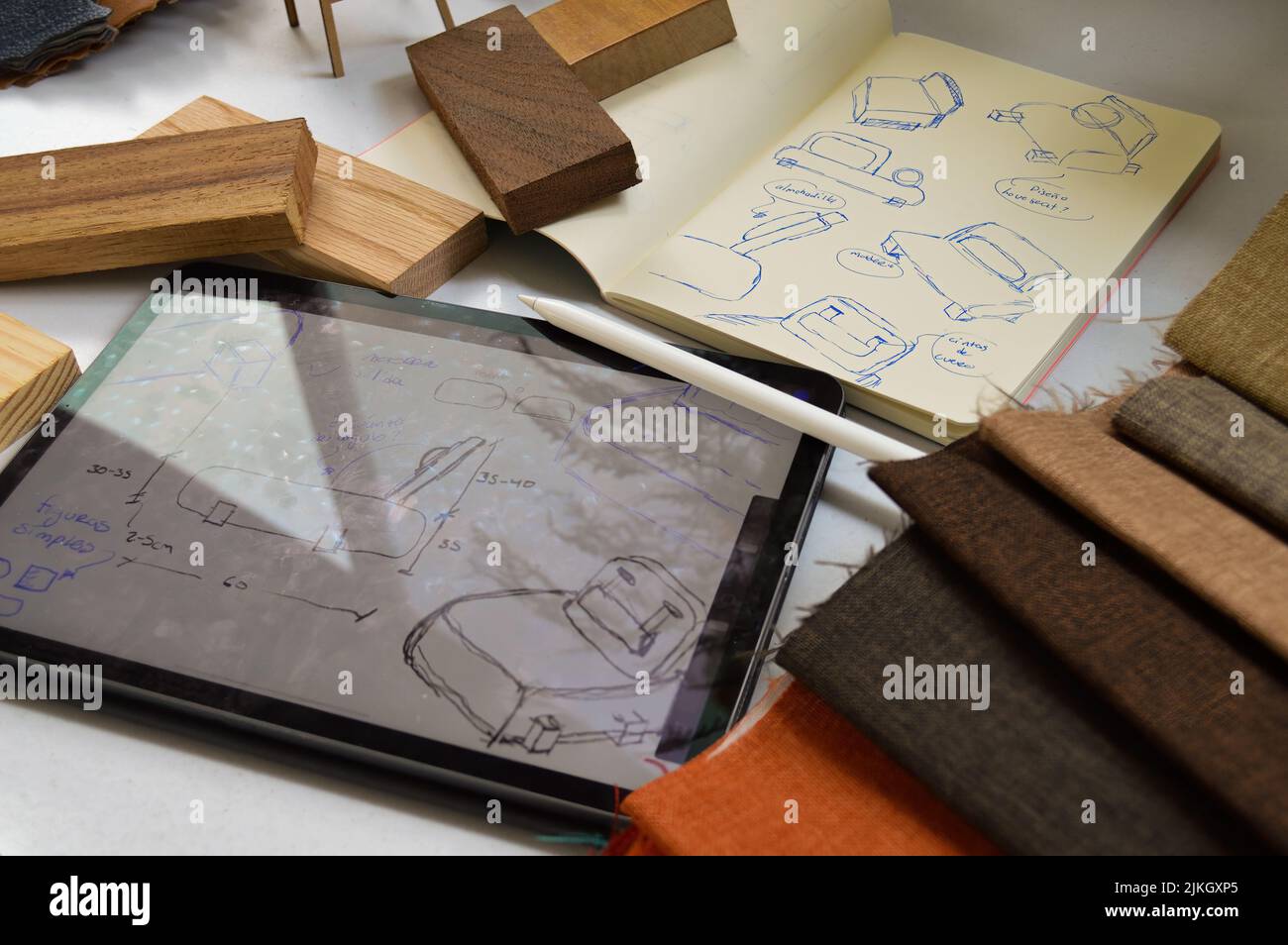 furniture design, digital drawing in tablet and analog in notebook ...