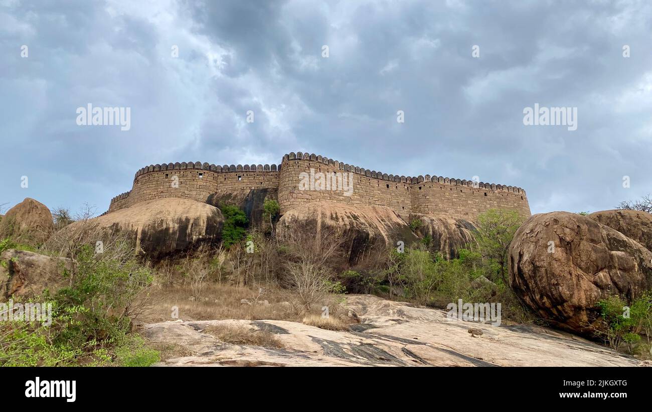 The exterior of ancient Thirumayam fort in Tamil Nadu, India on a ...