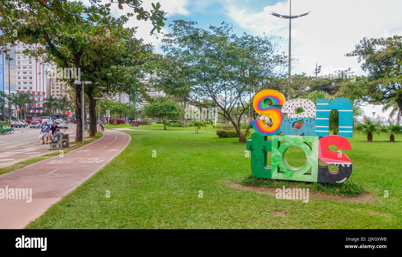 tourist signboard of Santos city beach on the coast of Sao Paulo ...