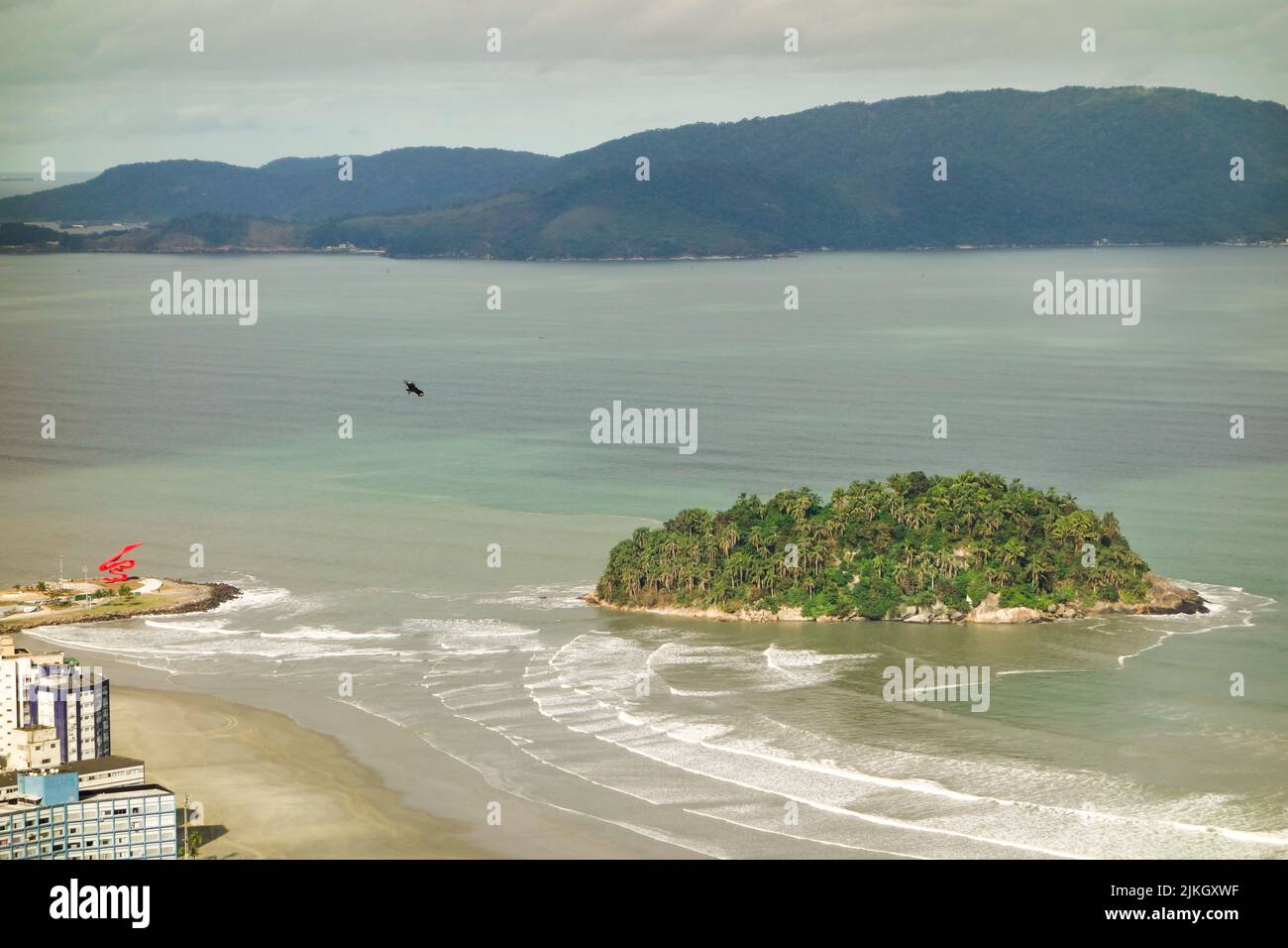 aerial view of Santos beach and Urubuquecaba island on the coast of Sao ...