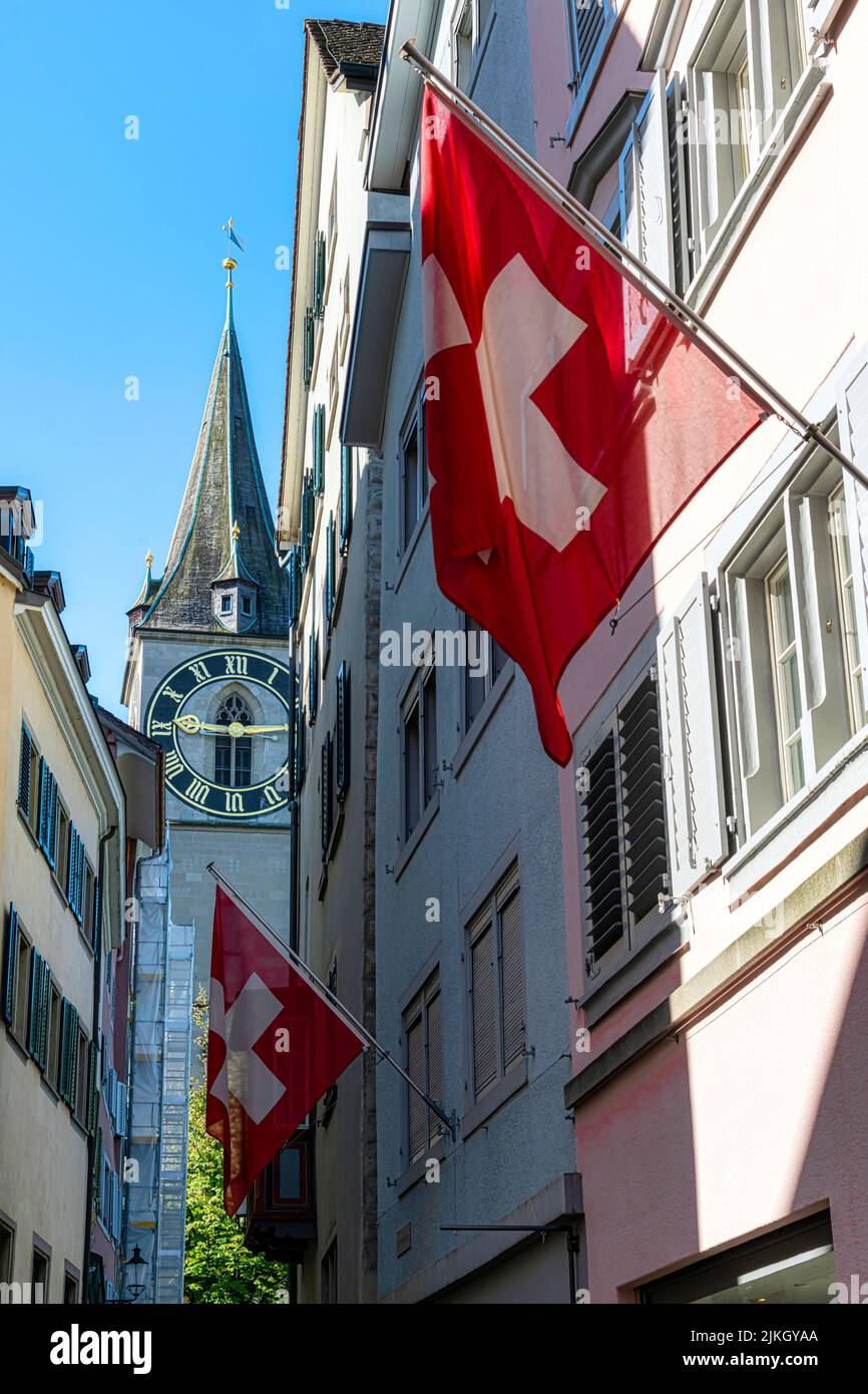 Historical houses and facades with swiss flags in the old town of ...