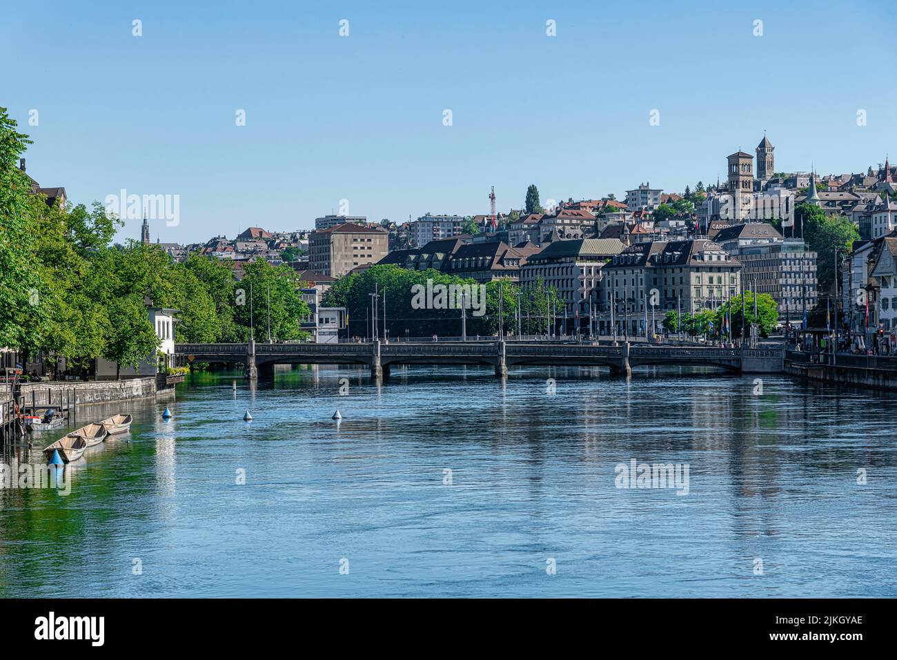 Historical houses and facades along the famous Limmatquai in the old town of Zurich, Switzerland ...