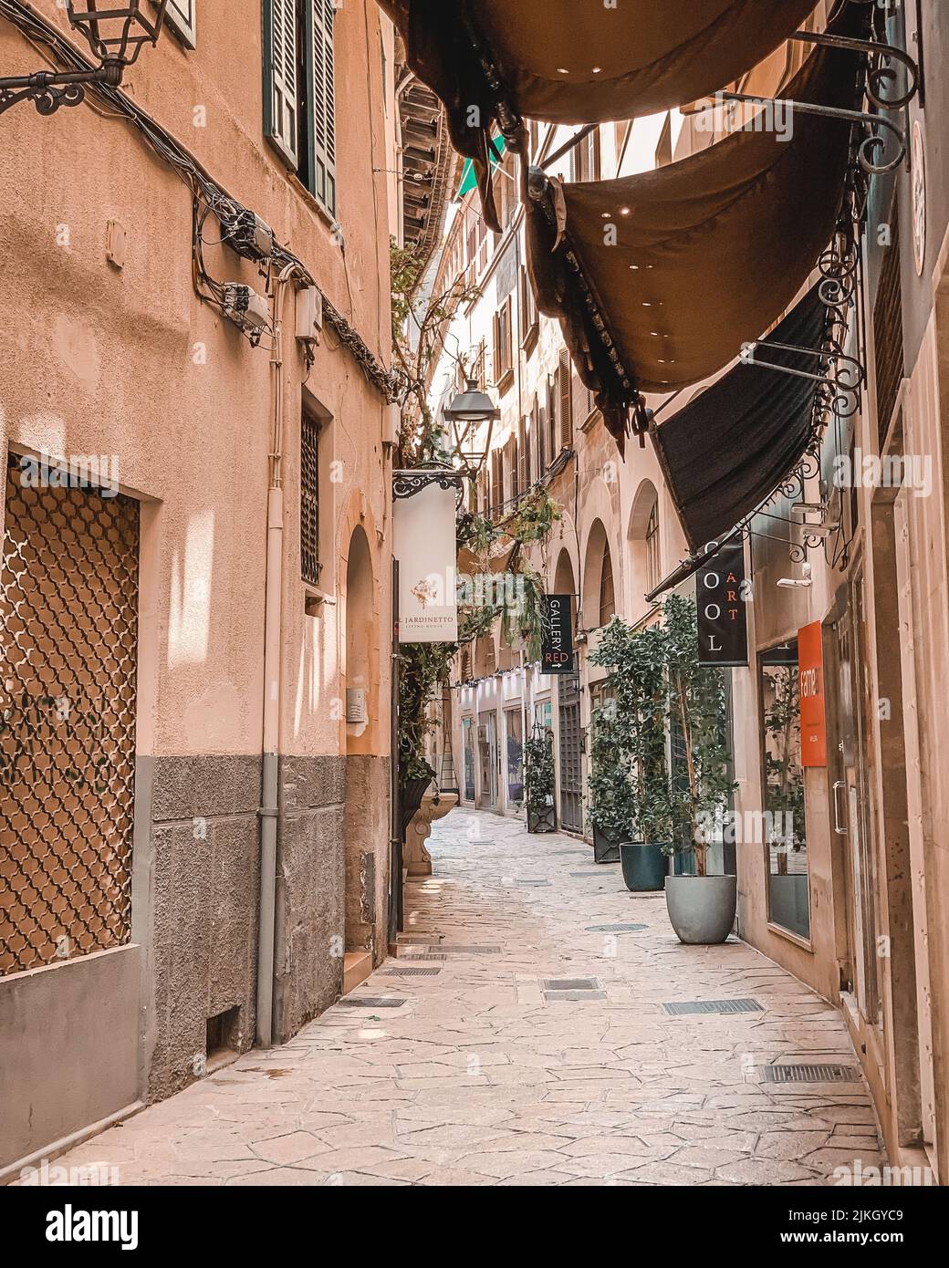 A beautiful view of an empty street with old buildings in Palma de ...