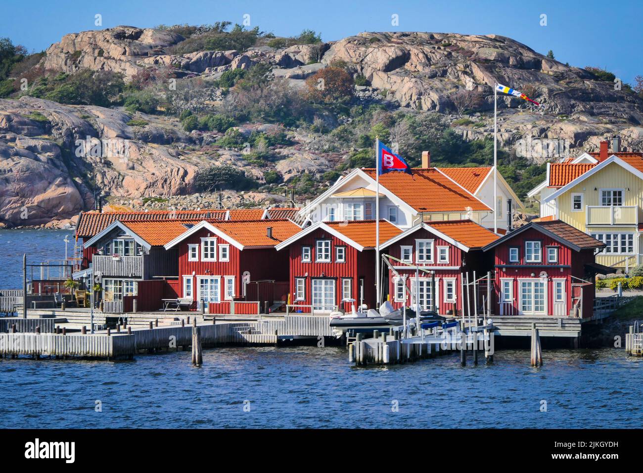 A beautiful view of a fishing village with colorful houses in Skaftoe ...