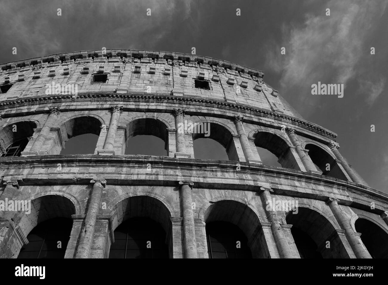 close-up of part of the facade of the coliseum in black and white Stock ...