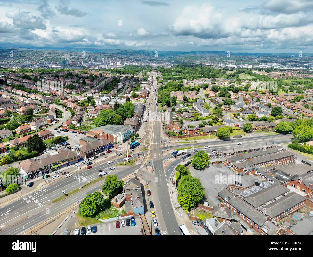 An aerial shot of a Manor Top Sheffield city with a cloudy sky during ...