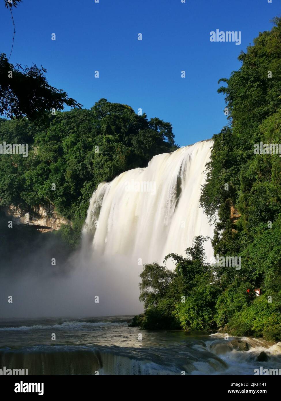 A vertical shot of Iguazu falls and dense green trees under the blue ...