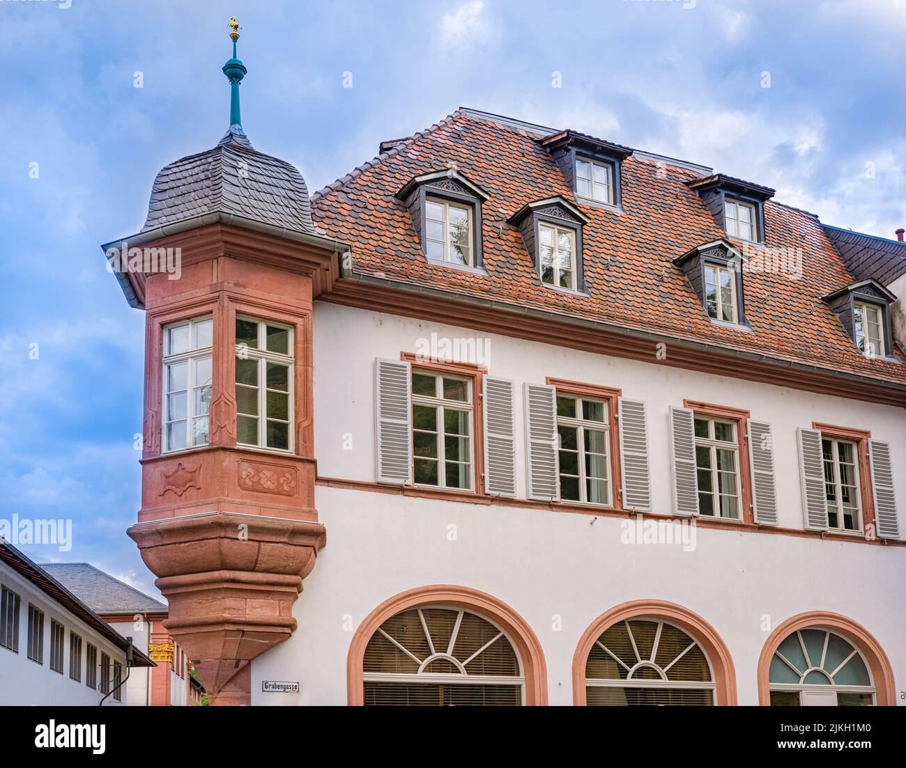 City view of Heidelberg showing a old house facade with a beautiful bay ...