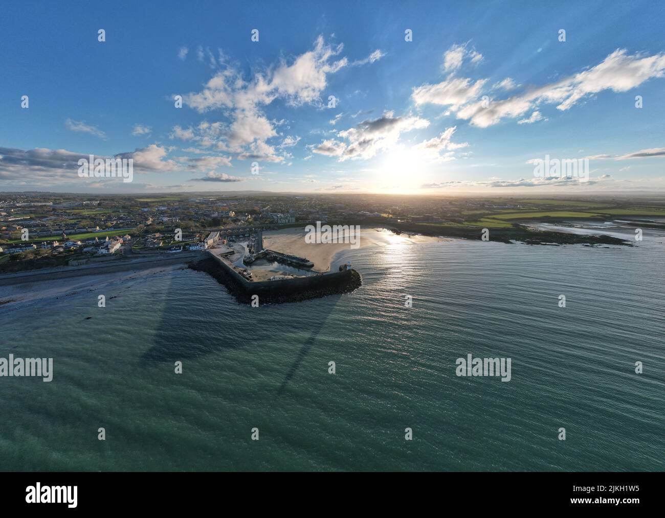An aerial view of cityscape Balbriggan surrounded by buildings and ...