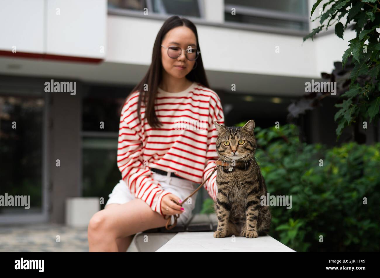 Young woman and tabby cat sitting on a bench outdoors Stock Photo - Alamy