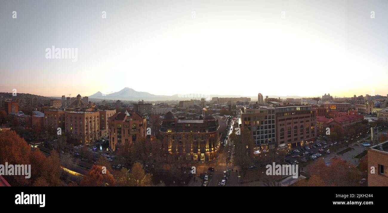 The panorama of Yerevan - Ararat mountain in the horizon - bright blue ...