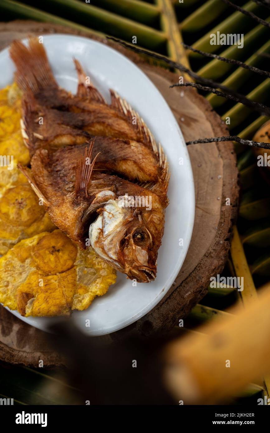 A vertical shot of a cooked whole fish and fried plantains on a plate ...