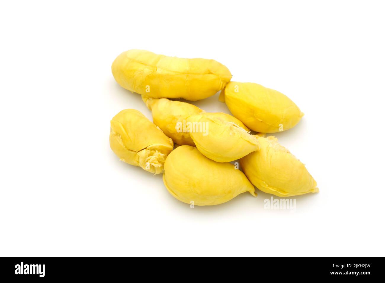 A close-up shot of yellow Durian pulps on a plain white background ...
