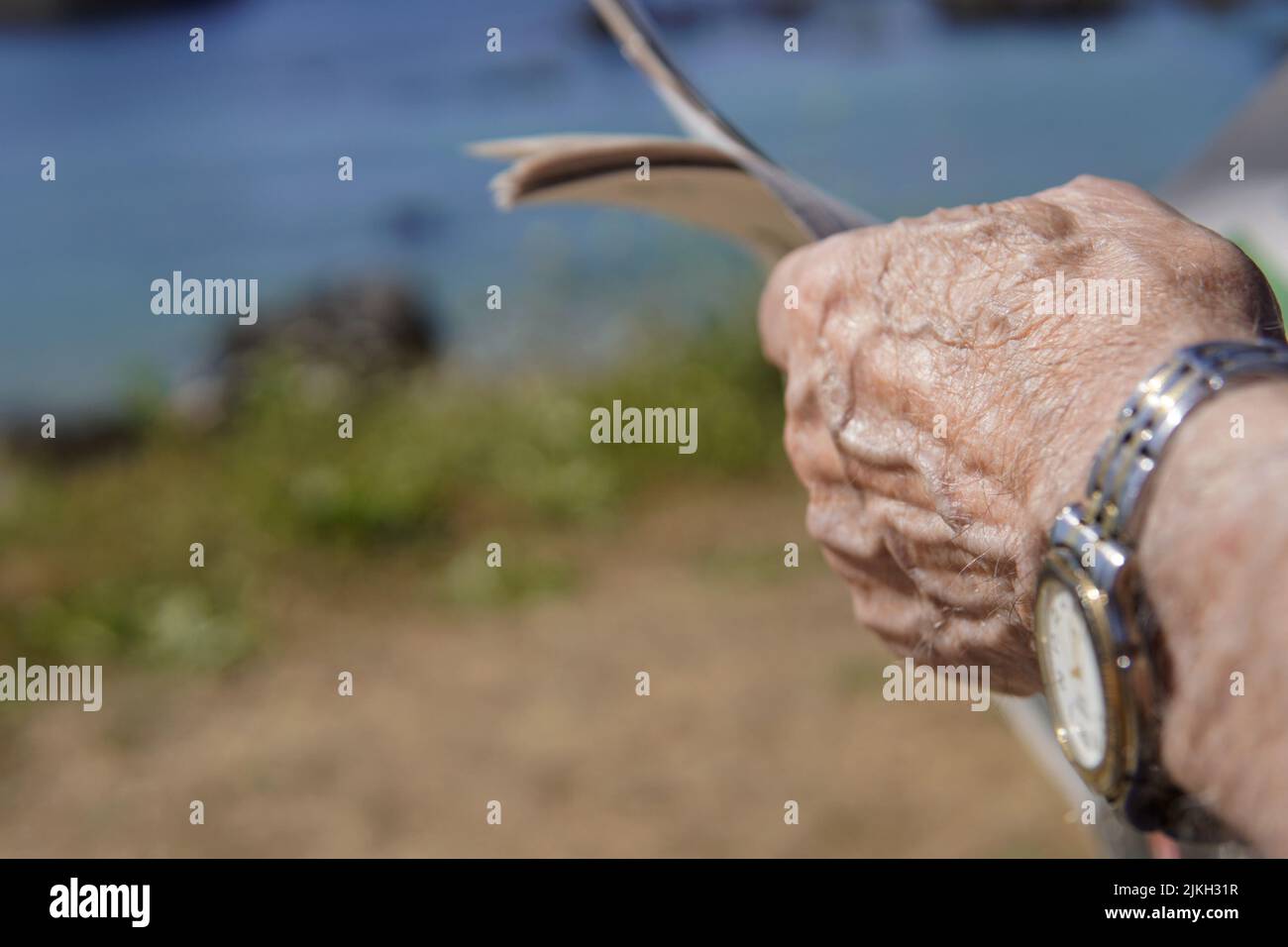 A elder hand holding a newspaper Stock Photo - Alamy
