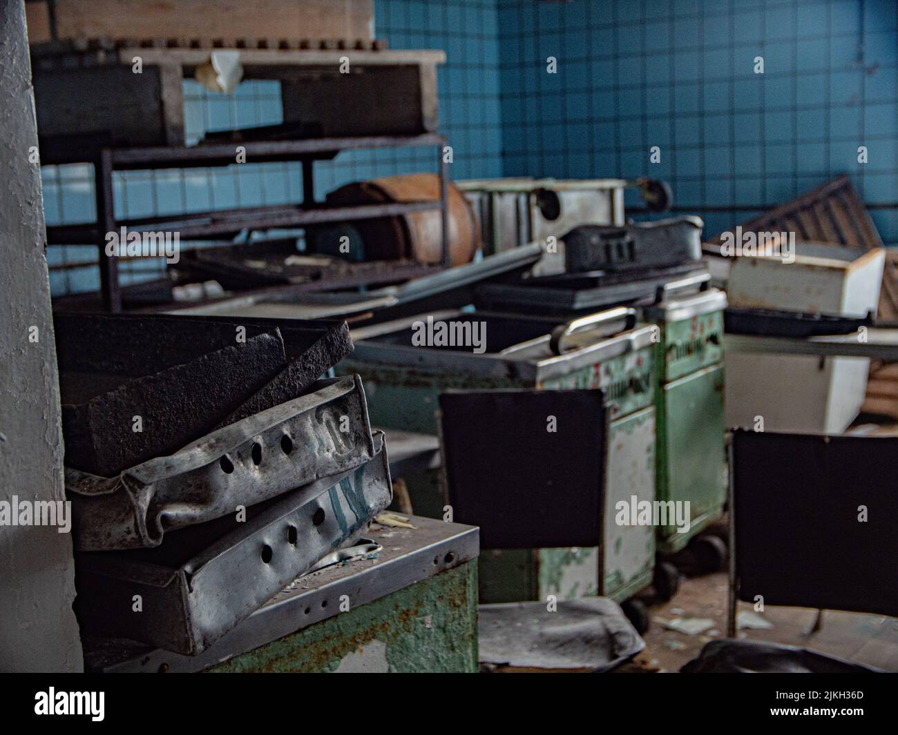 Different random objects in the abandoned Soviet coal mining settlement ...