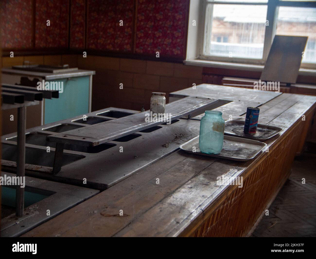 The abandoned cafeteria of the Soviet coal mining settlement Pyramiden ...
