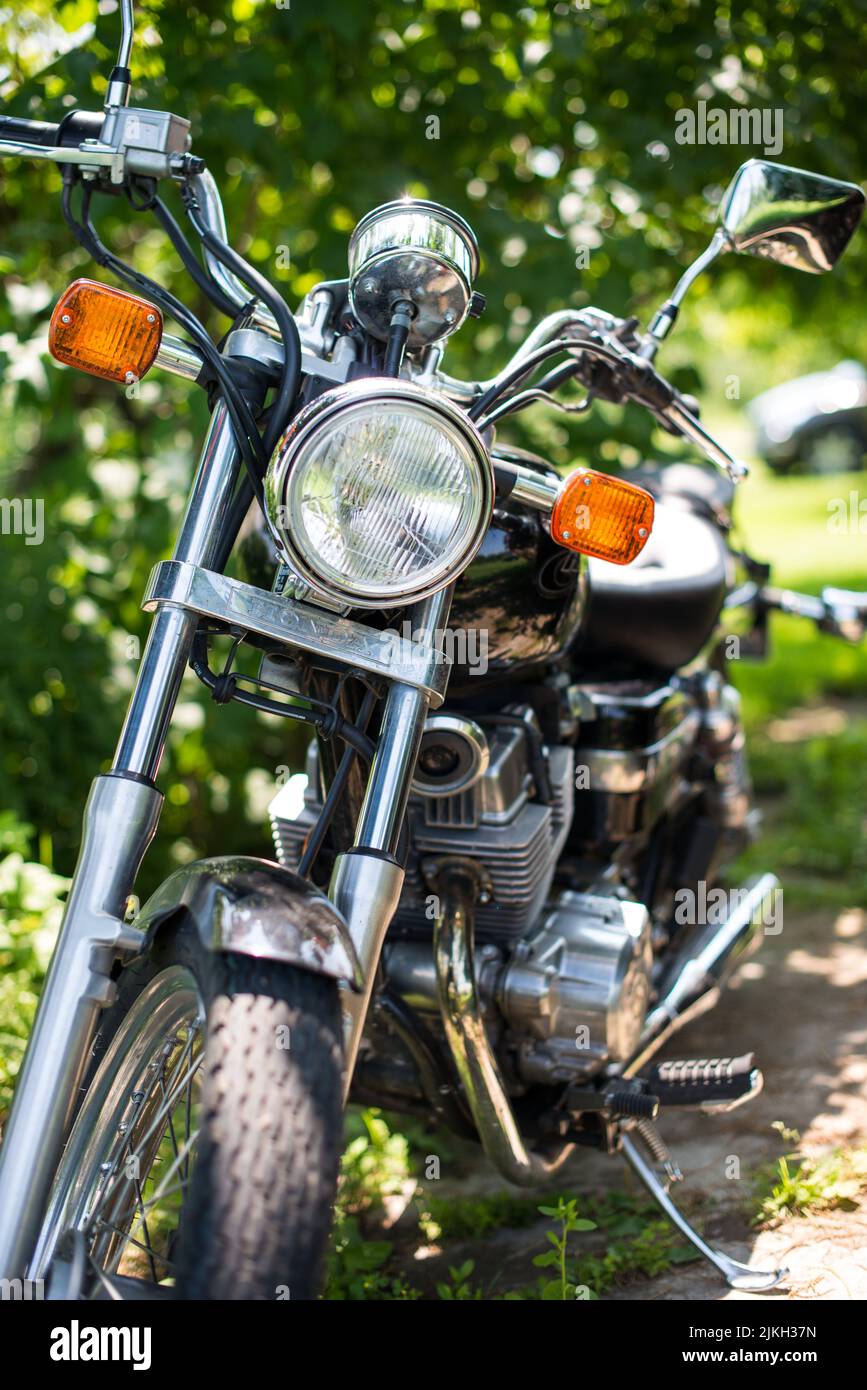 A vertical shot of an old vintage motorcycle at a farm in Ontario Stock ...