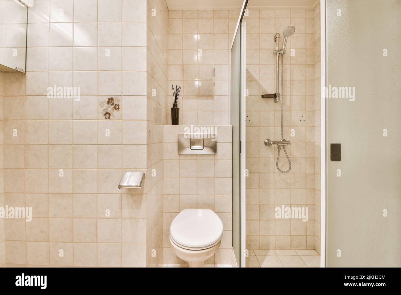 Sinks With Mirrors And Clean Toilet Located Near Shower Box With Glass