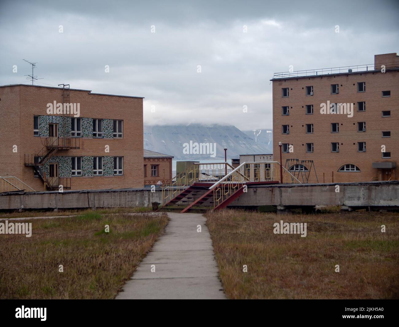 A view of buildings of abandoned soviet coal mining in Svalbard, Jan ...