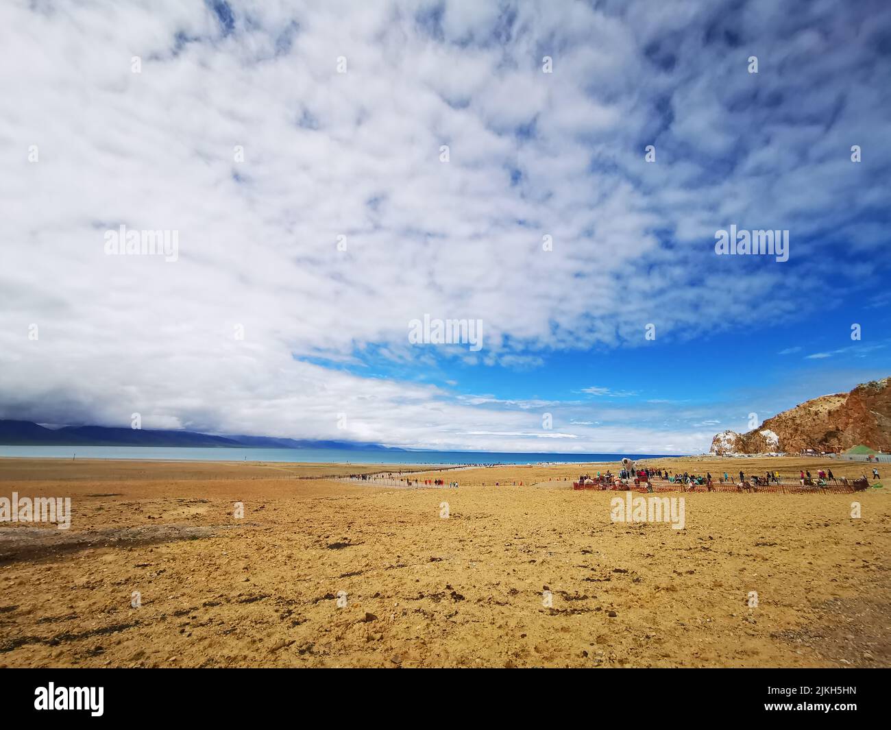 A scenic view of shore of the holy lake Namtso under the blue sky with ...