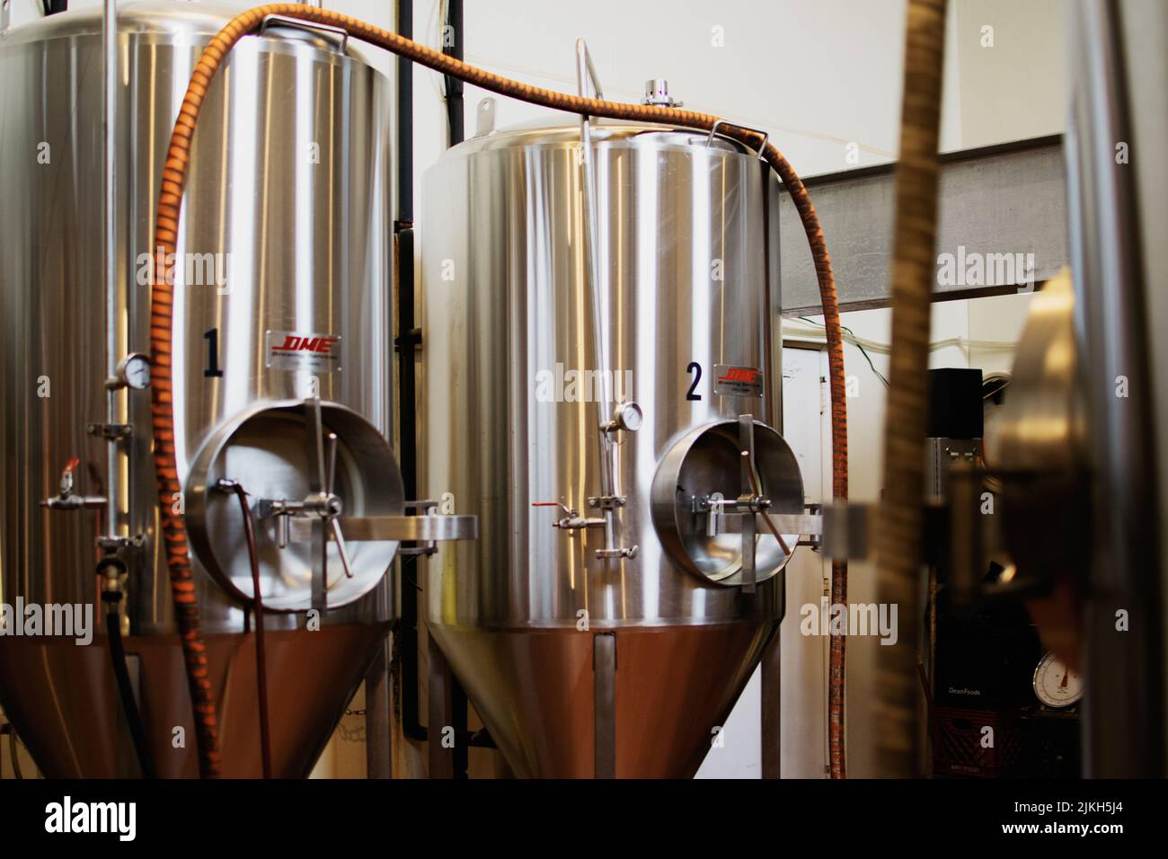 Metal brewery equipment, two brew tanks Stock Photo - Alamy