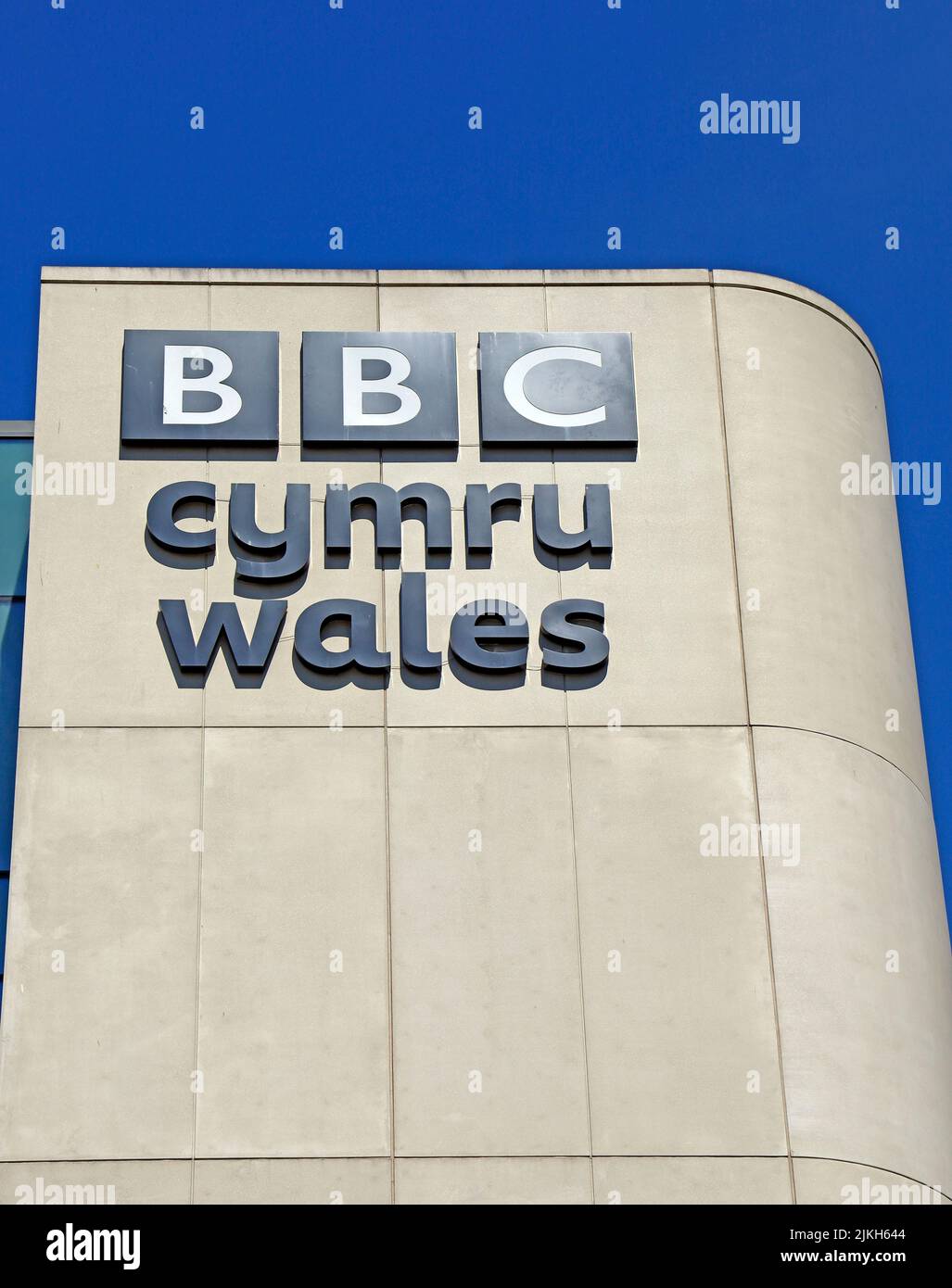 BBC Cymru / Wales building and logo. Central Square, Cardiff.centre. Summer 2022. August Stock ...
