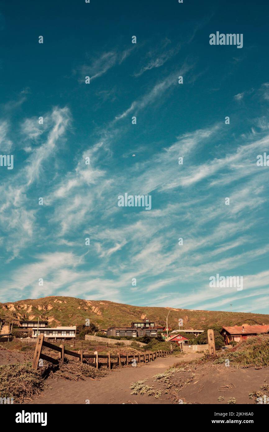 A vertical view of a road passing through buildings in Matanzas, Chile ...