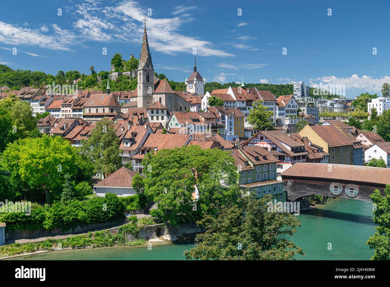 Swiss old town Baden on the river Limat with the traditional covered ...