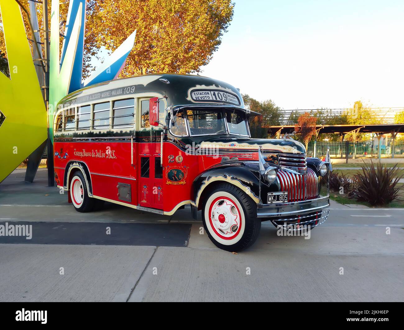 old red Chevrolet 1946 bus for public passenger transport in Buenos ...