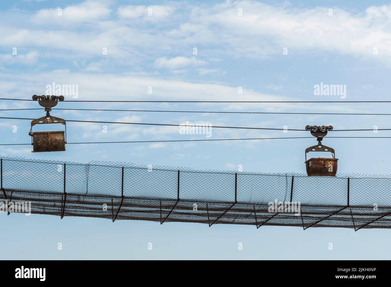 Protected industrial ropeway, on which trolleys move, empty and loaded ...