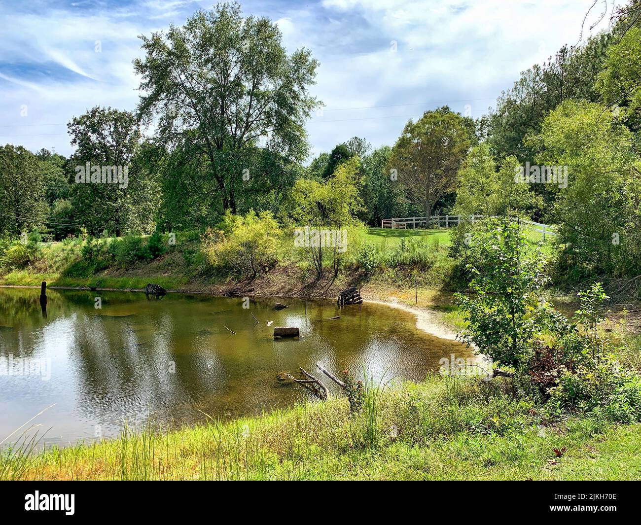 Outdoor nature and landscape setting with a pond in rural Alabama Stock ...